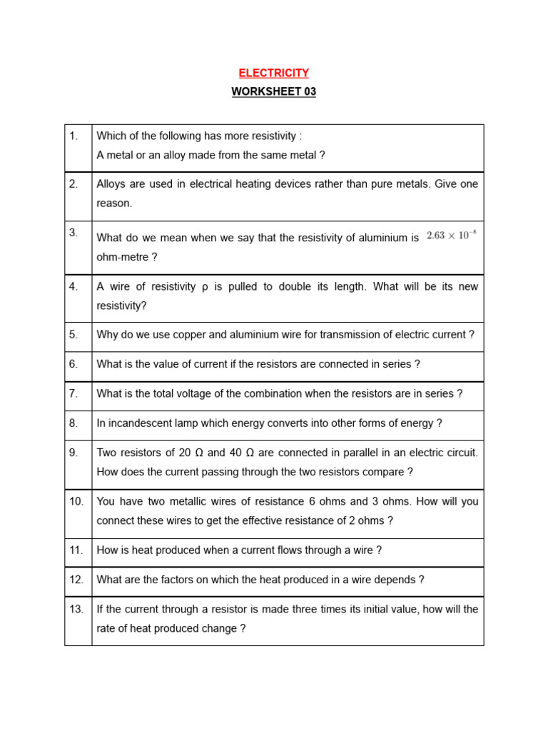 Electricity Worksheet: Key Concepts and Questions | PDF