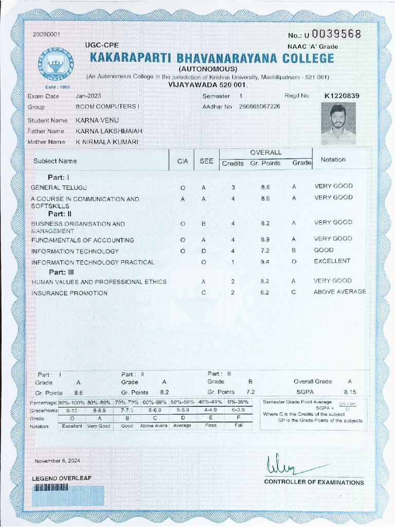 1st Semester Mark Sheet | PDF