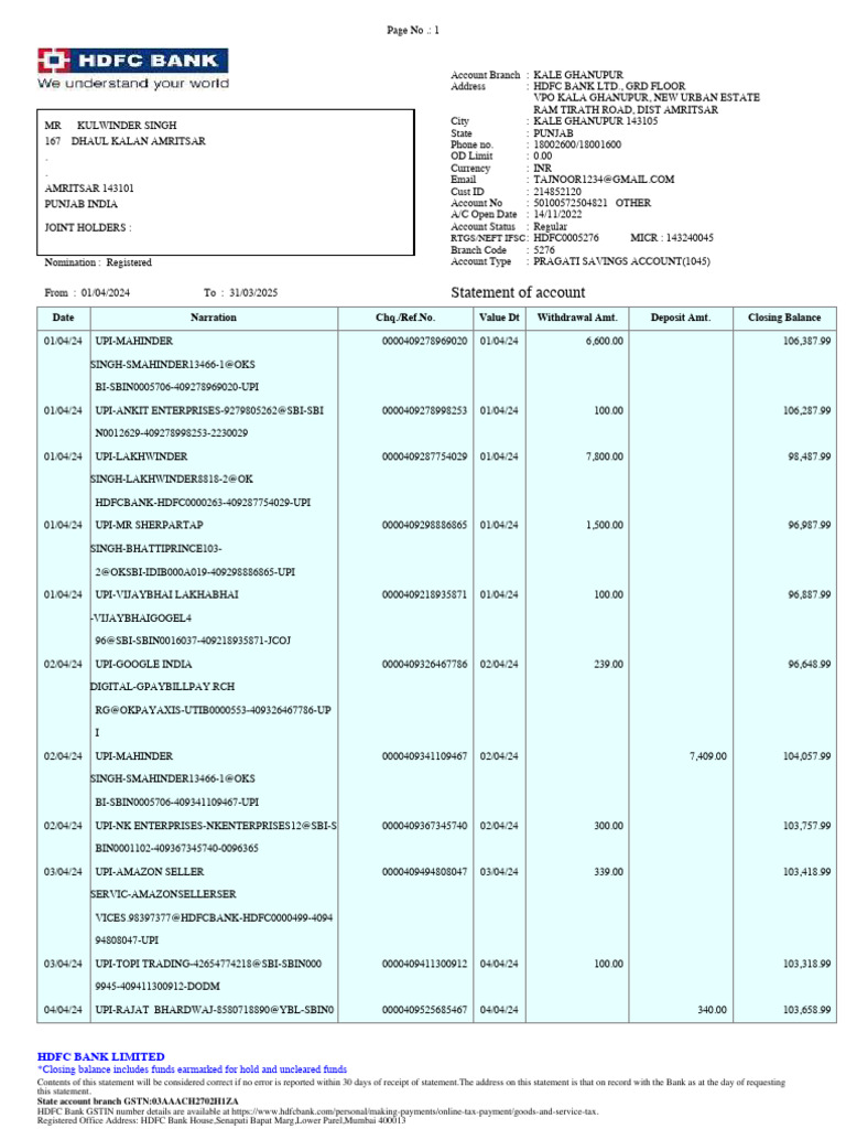 HDFC Bank Account Statement 2024 | PDF | Economy Of India | Service ...