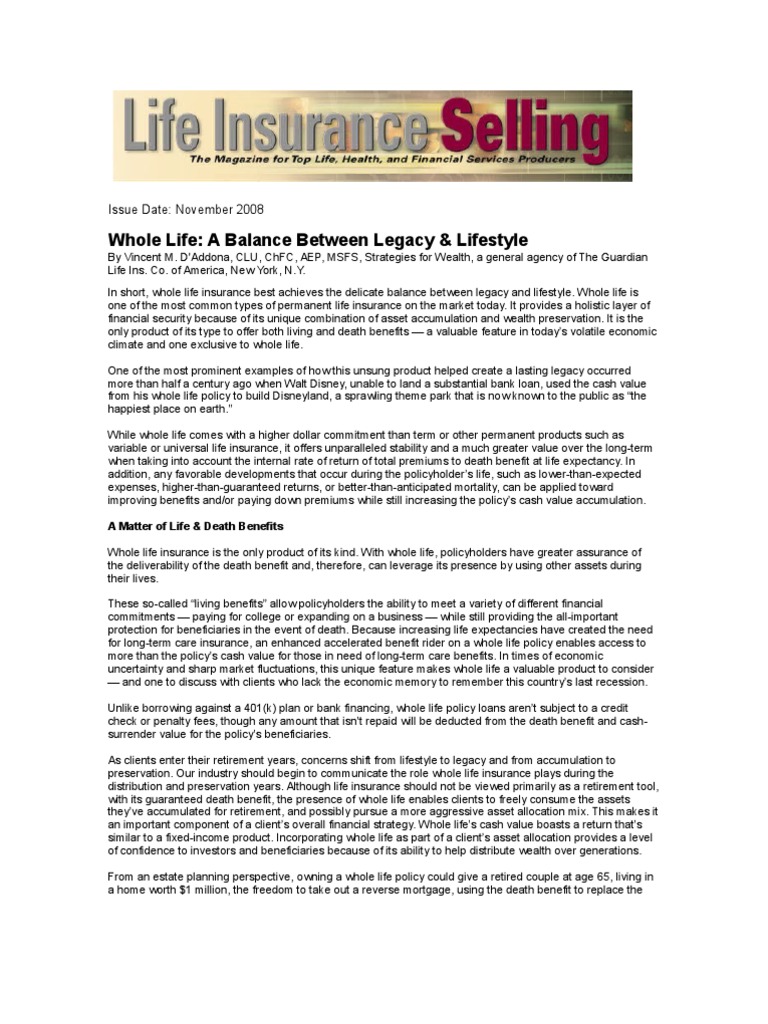 Whole Life - A Balance Between Legacy & Lifestyle | PDF | Life ...