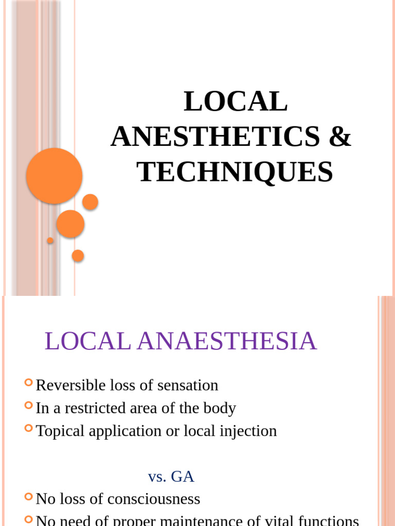 Local Anesthetics Techniques | PDF | Anesthesia | Medical Specialties