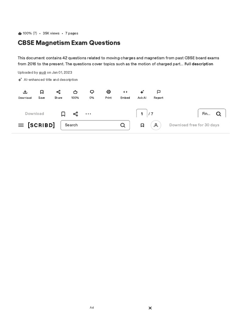 CBSE Magnetism Exam Questions - PDF - Electromagnetism - Electrical ...