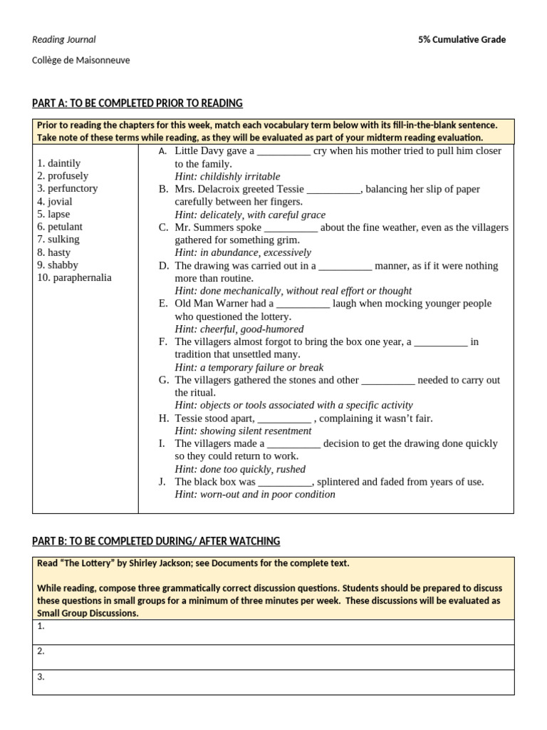 Vocabulary and Discussion Guide for "The Lottery" | PDF