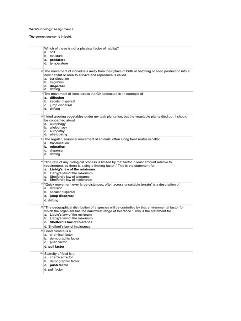 Wildlife Ecology Assignment Quiz | PDF