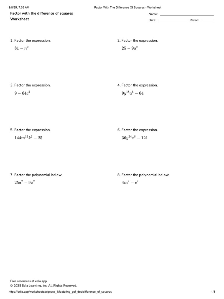 Factor With the Difference of Squares - Worksheet | PDF | Chess | Chess ...