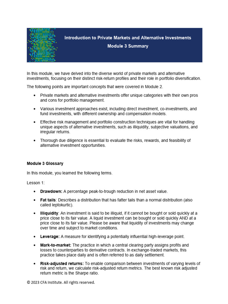 Introduction To Private Markets and Alternative Investments M3 Summary ...