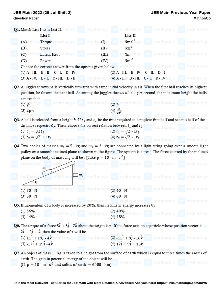 JEE Main 2022 Physics Question Paper | PDF | Force | Mass