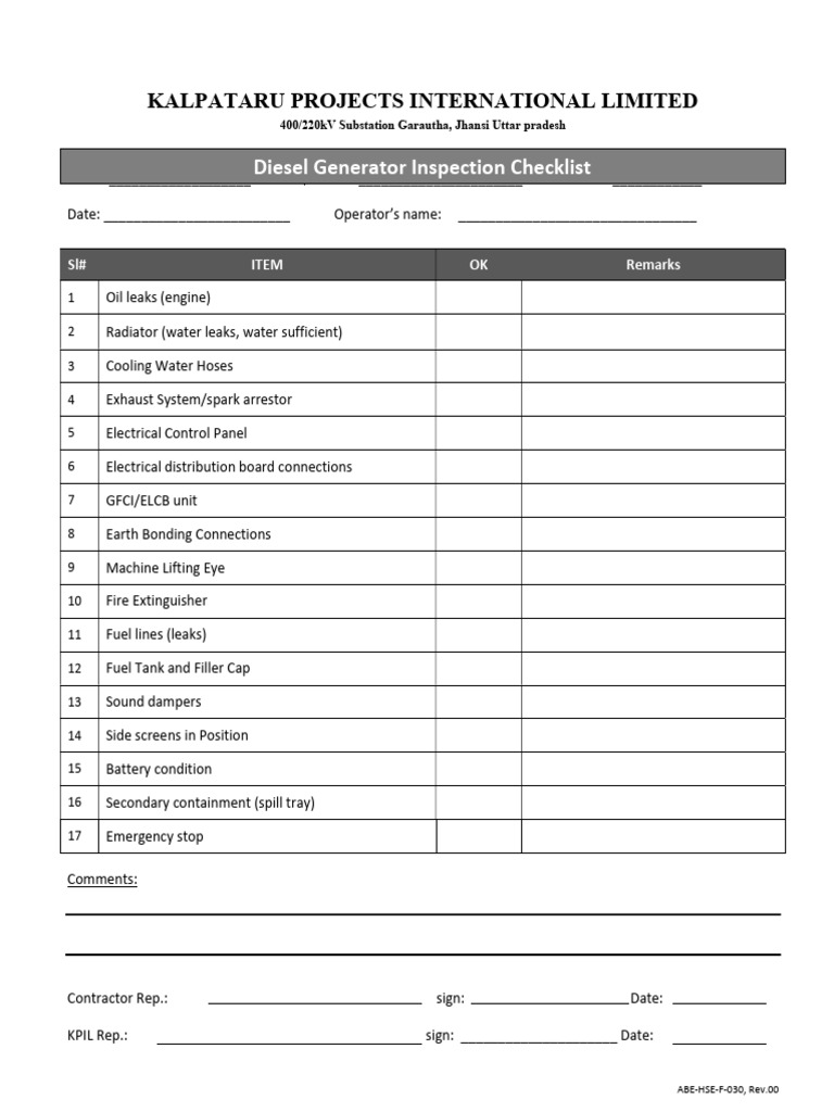 Diesel Generator Inspection Checklist | PDF