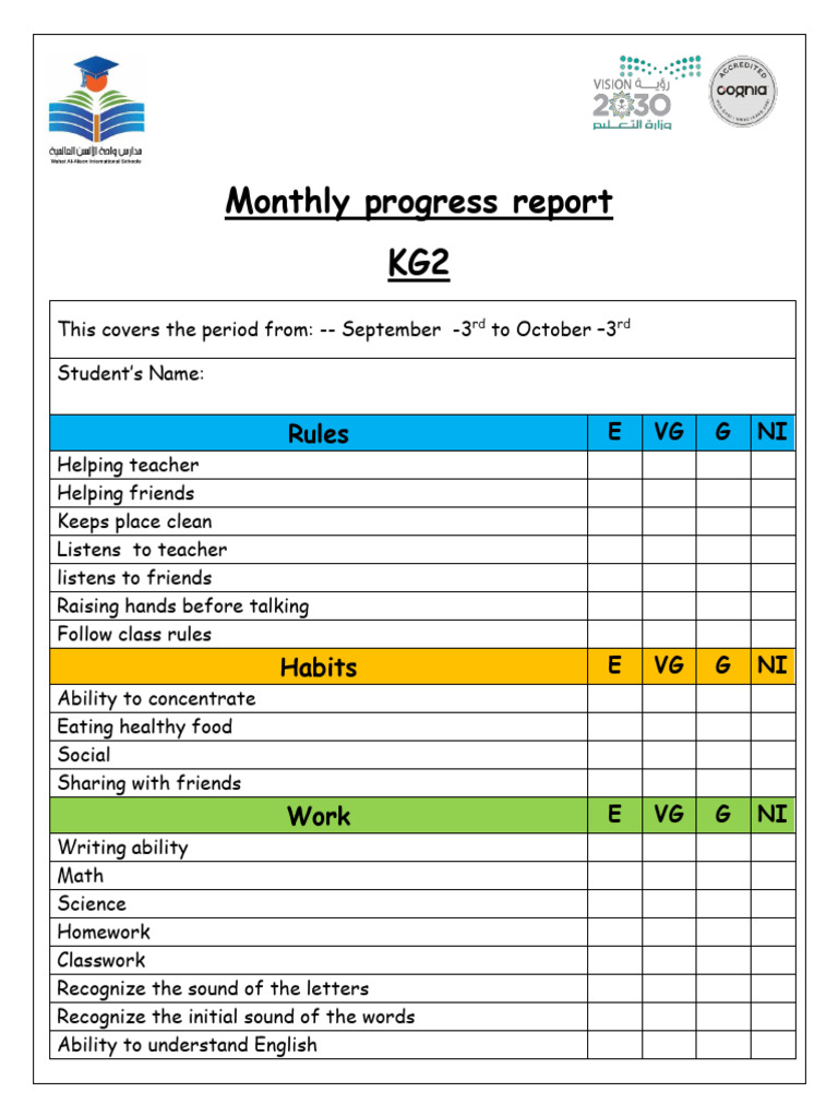 KG2 Student Monthly Progress Report | PDF