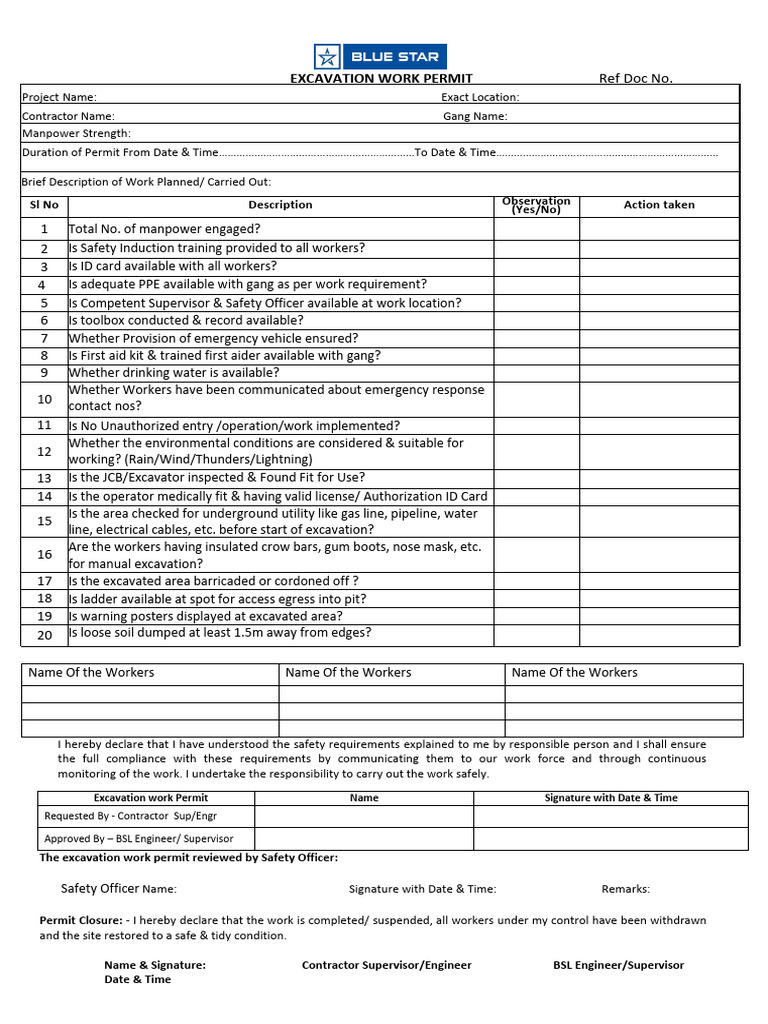 Excavation Work Permit Template | PDF | Safety