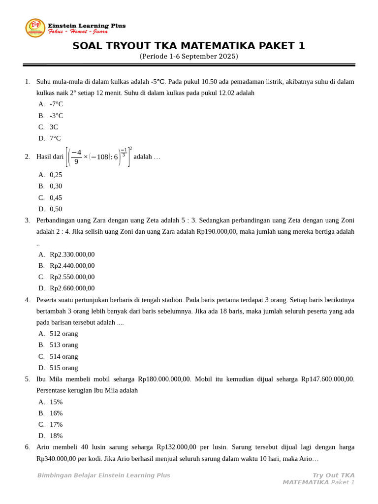 Soal Tka 9 SMP Matematika Paket 1 | PDF