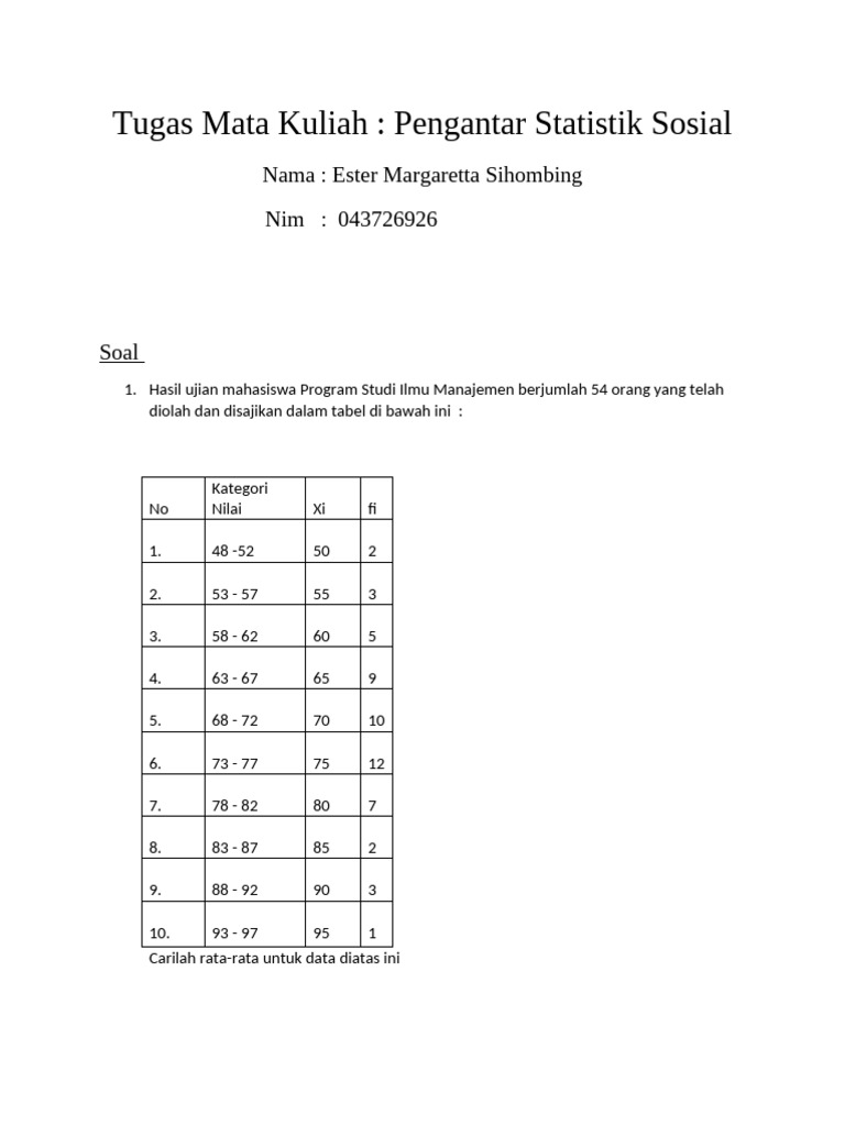 Tugas Mata Kuliah Pengantar Statistik Sosial | PDF
