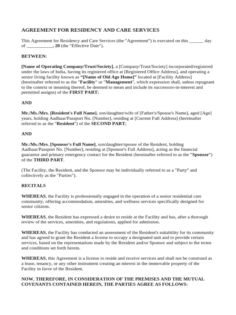 Agreement For Residency and Care Services Old Age Home | PDF ...