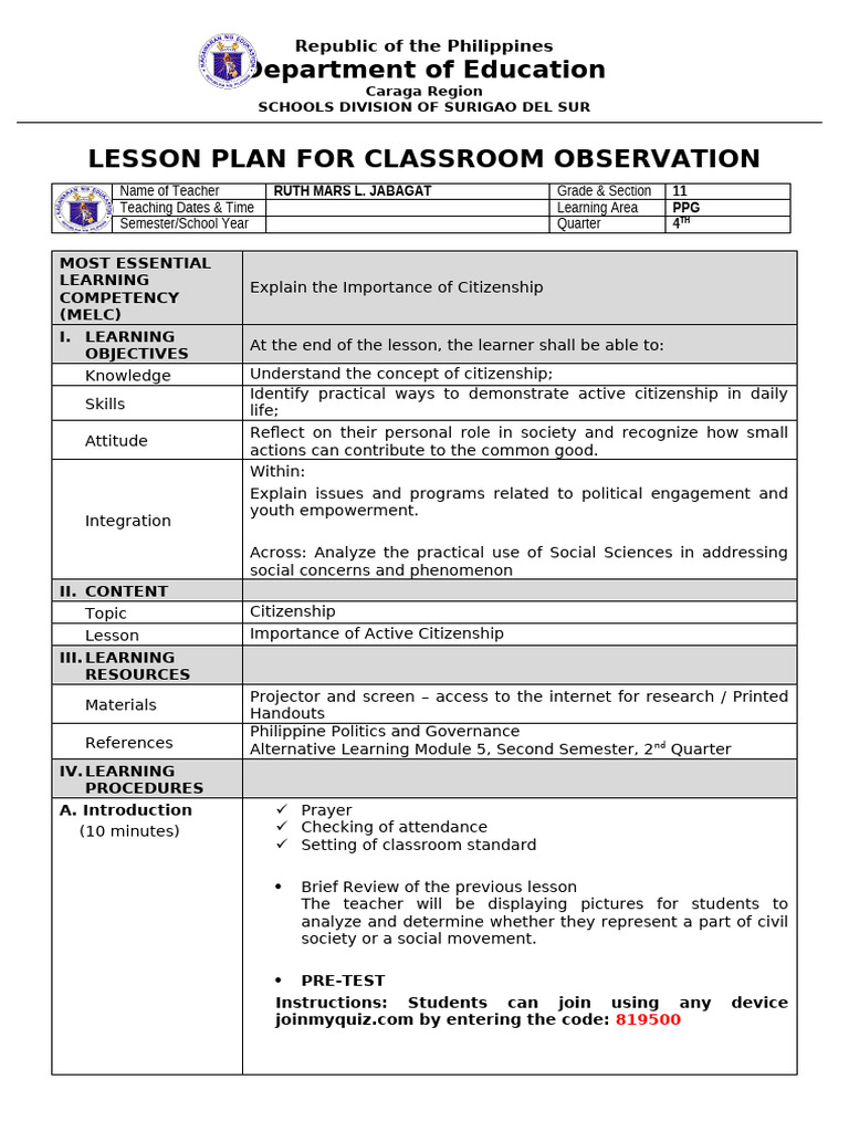 Active Citizenship Lesson Plan for Grade 11 | PDF | Citizenship ...
