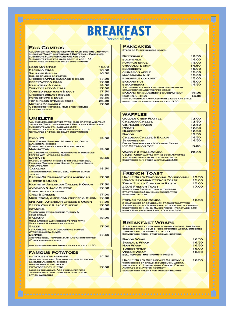 All-Day Breakfast Menu Options | PDF | Pancake | Sausage