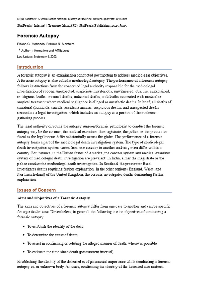 Forensic Autopsy - StatPearls - NCBI Bookshelf | PDF | Autopsy | Coroner