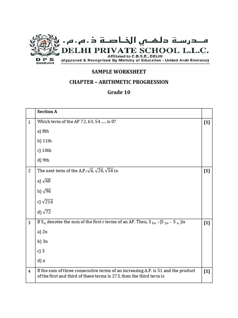 Grade 10 Arithmetic Progression Worksheet | PDF | Mathematics