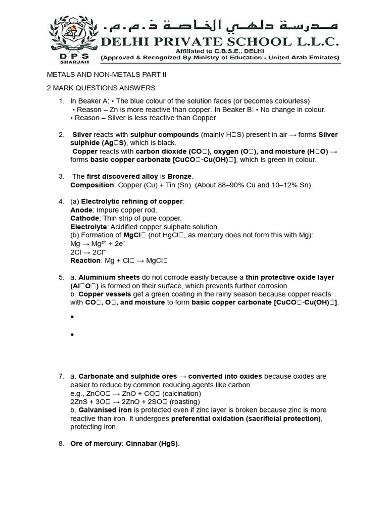 Class X-chemistry-metals and Non Metals-Answer Key-1 | PDF | Zinc | Redox