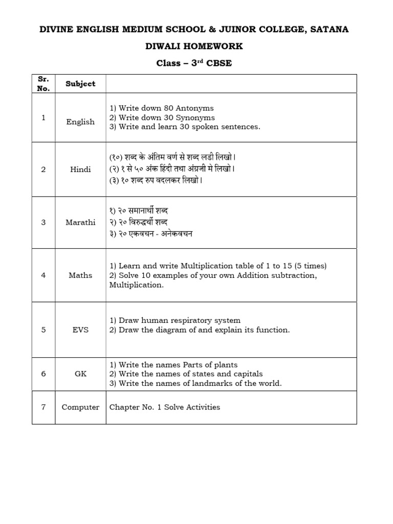 Diwali Homework 3rd CBSE | PDF