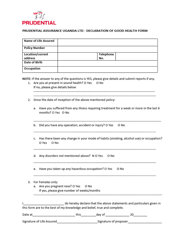 Prudential Uganda Health Declaration Form | PDF | Mental Health