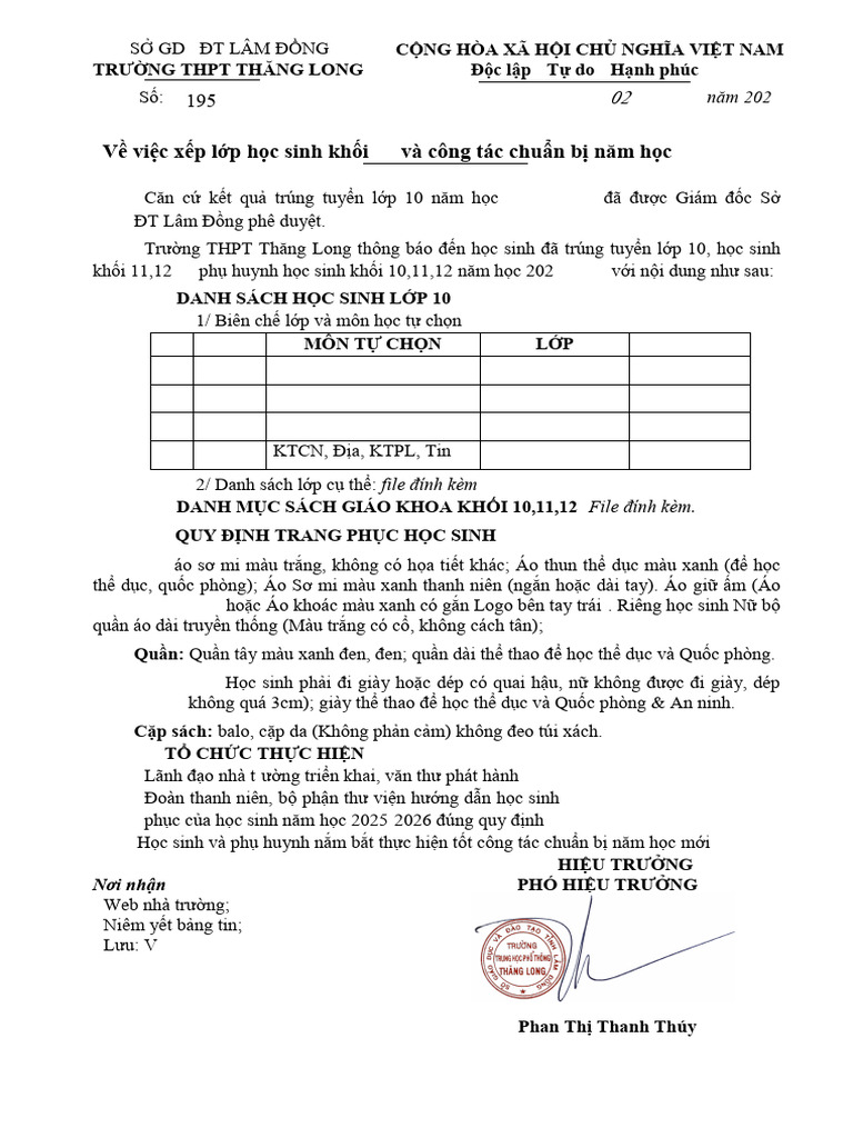 Thong Bao Danh Sach Lop 10 Va Chuan Bi NH Moi 2025 - 2026 Ef3b2 | PDF