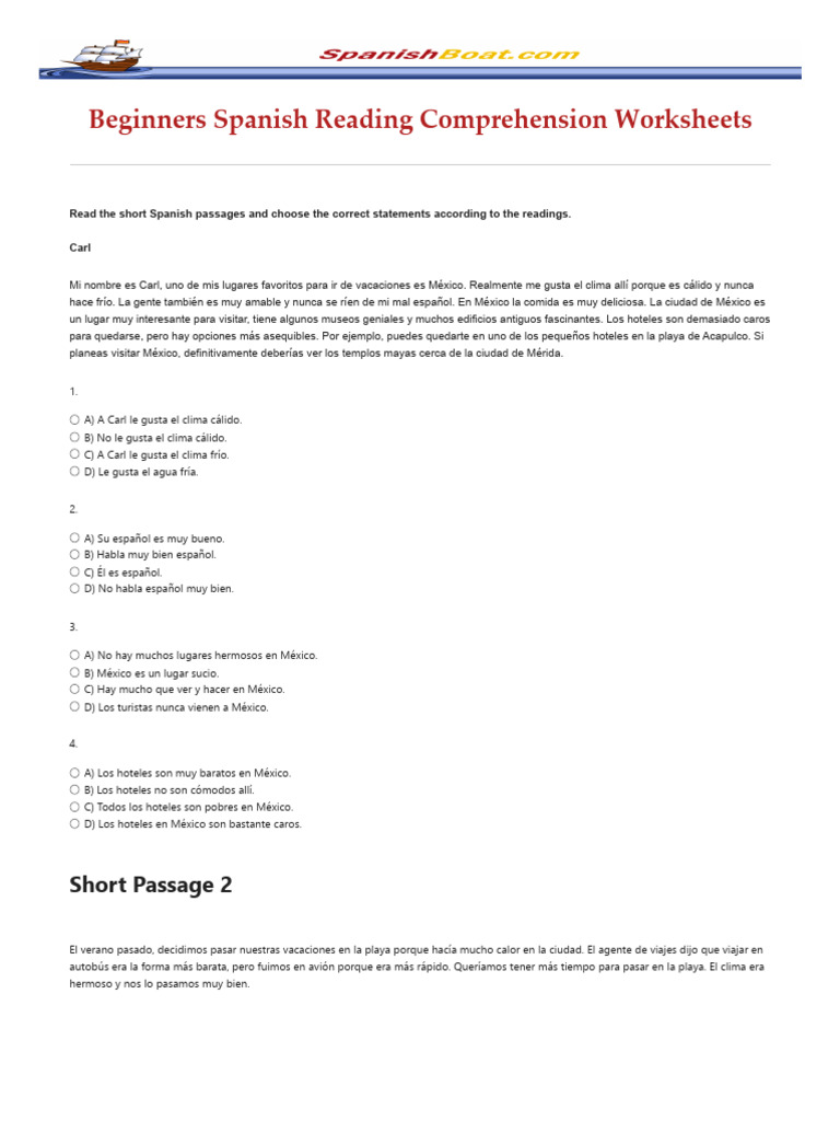 Beginners Spanish Reading Comprehension Worksheets - SpanishBoat | PDF