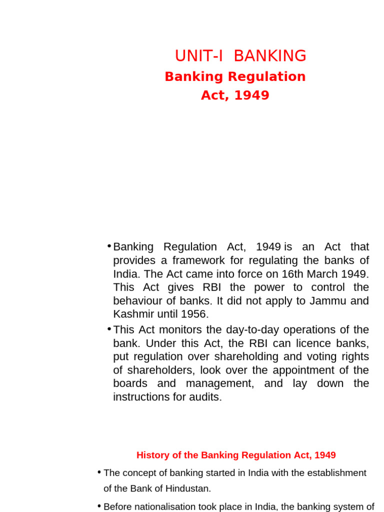 Overview of Banking Regulation Act, 1949 | PDF | Banks | Reserve Bank ...