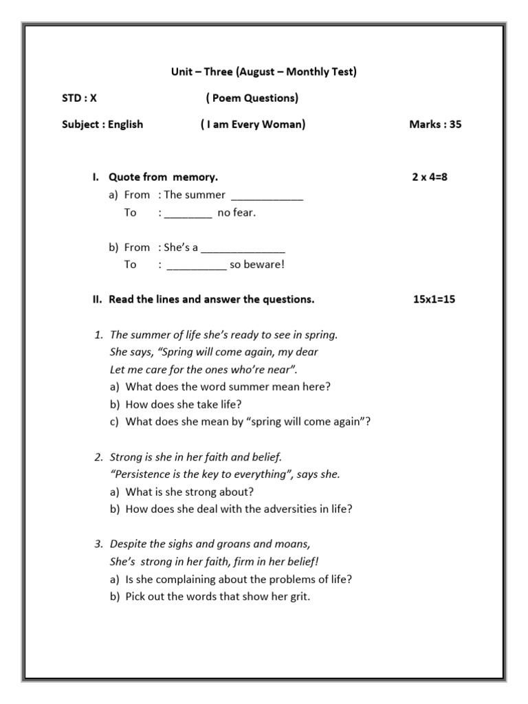 48 10th English Unit 3 Prose and Poem Model Questions Papers | PDF ...