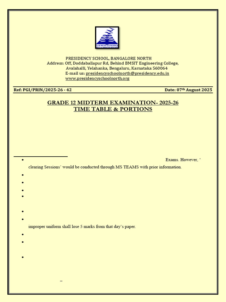Grade 12 Midterm Exam Timetable 2025-26 | PDF