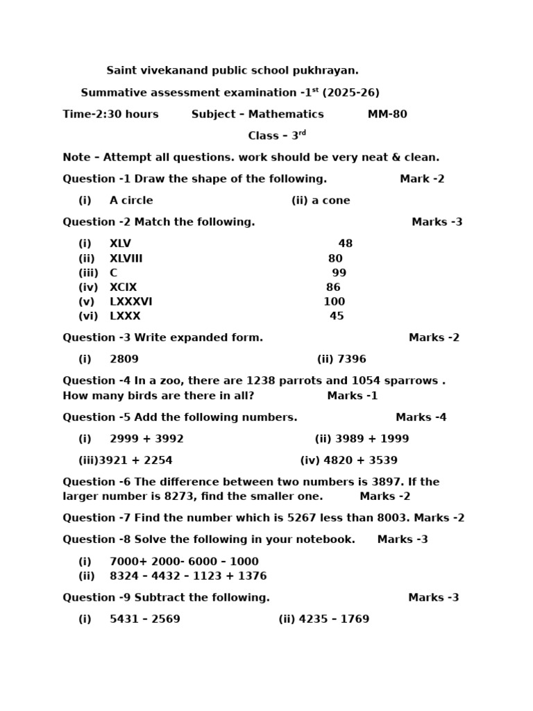 Class 3 Mathematics Exam Paper 2025-26 | PDF | Elementary Mathematics ...