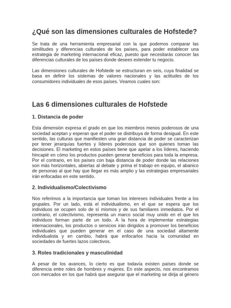 Dimensiones culturales de Hofstede | PDF | Individualismo | Sociedad