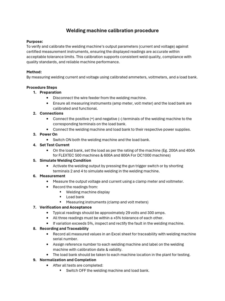 Welding Machine Calibration Procedure | PDF | Calibration ...
