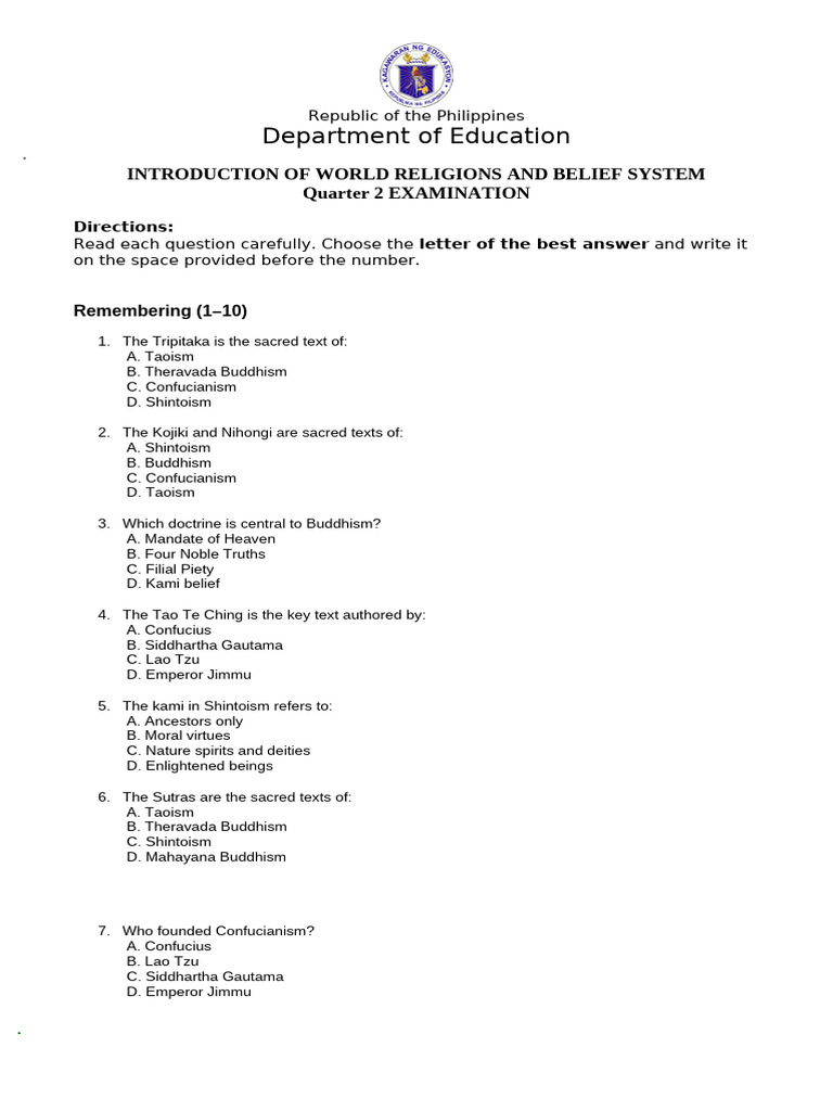World Religions Exam: Philippines Education | PDF | Confucianism | Shinto
