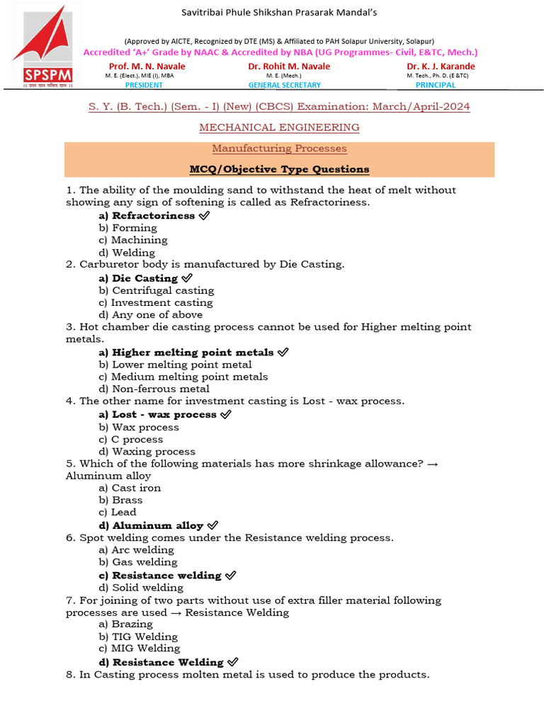 Mechanical Engineering MCQs on Manufacturing Processes | PDF | Welding ...