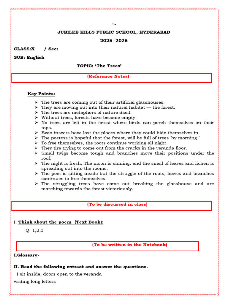 Class X - English - The Trees - Homework | PDF