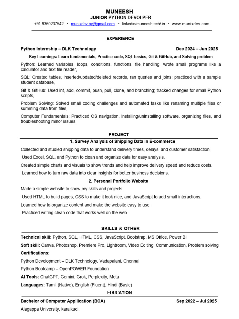 Junior Python Developer Resume | PDF | Python (Programming Language) | Sql