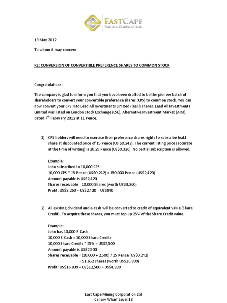 Offer Letter For CPS Conversion | PDF | Preferred Stock | Stocks