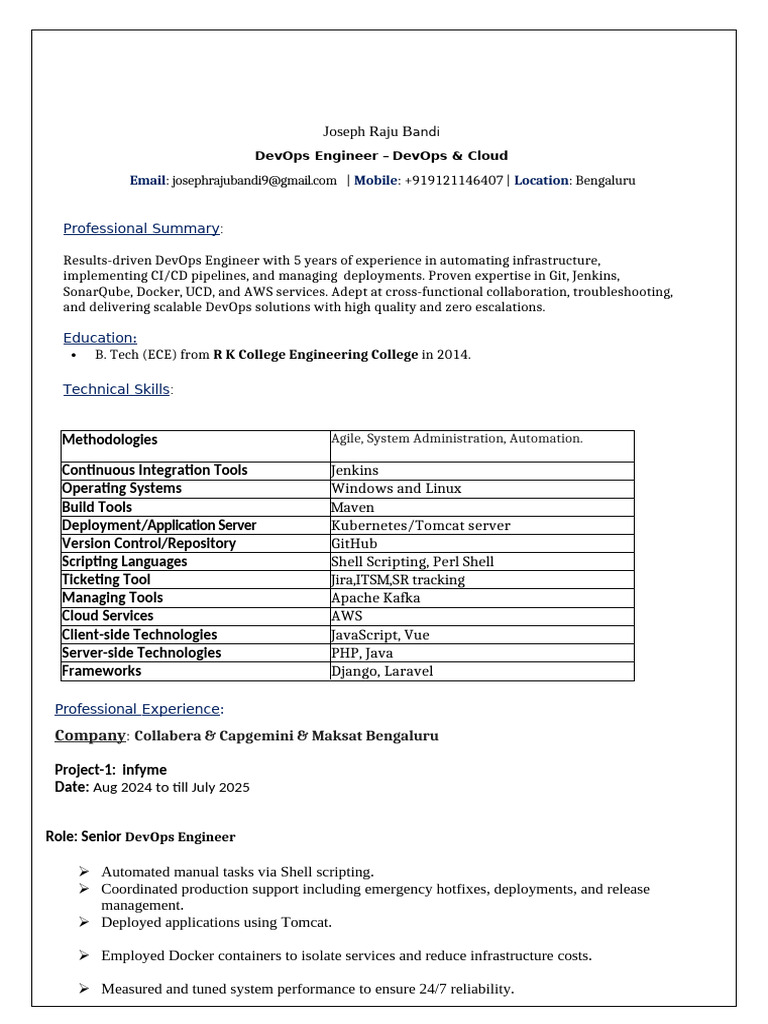 DevOps Engineer Resume: Joseph Bandi | PDF | Software Engineering ...