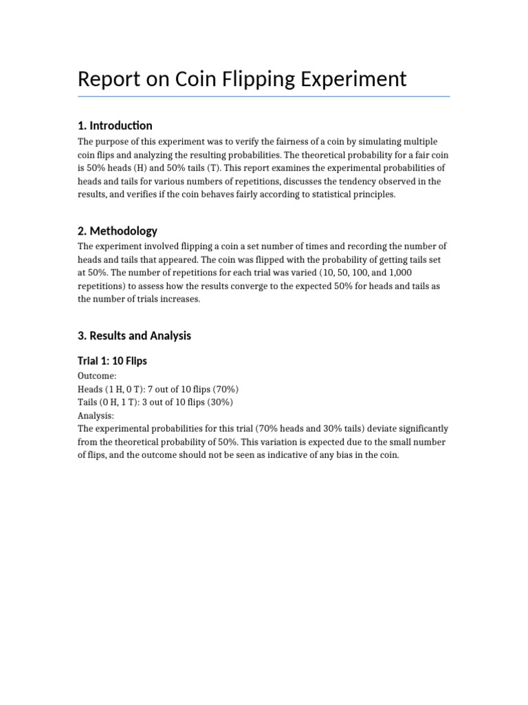 Coin Flip Experiment Report | PDF | Experiment | Probability