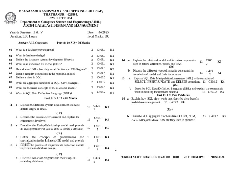 Ad3391 - Database Design and Management Ita1 | PDF | Relational Model | Sql
