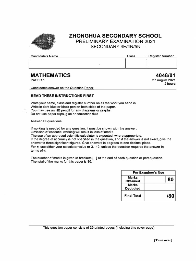 E-Math - Sec 4 Prelims Exam Paper - 2021 - Zhonghua Sec | PDF