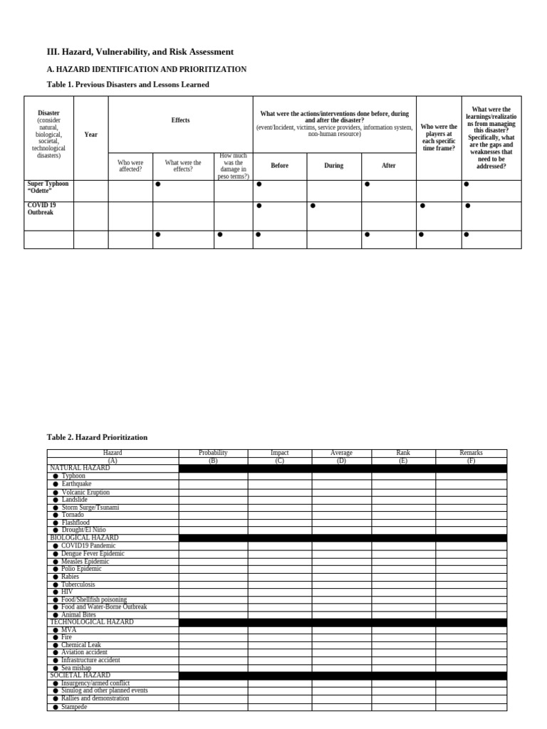 Barangay DRRMH Plan Tables _Blank | PDF | Hazards | Natural Disasters