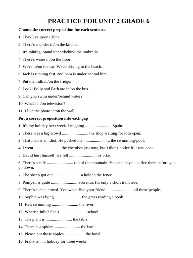 Grade 6 English Preposition Practice | PDF