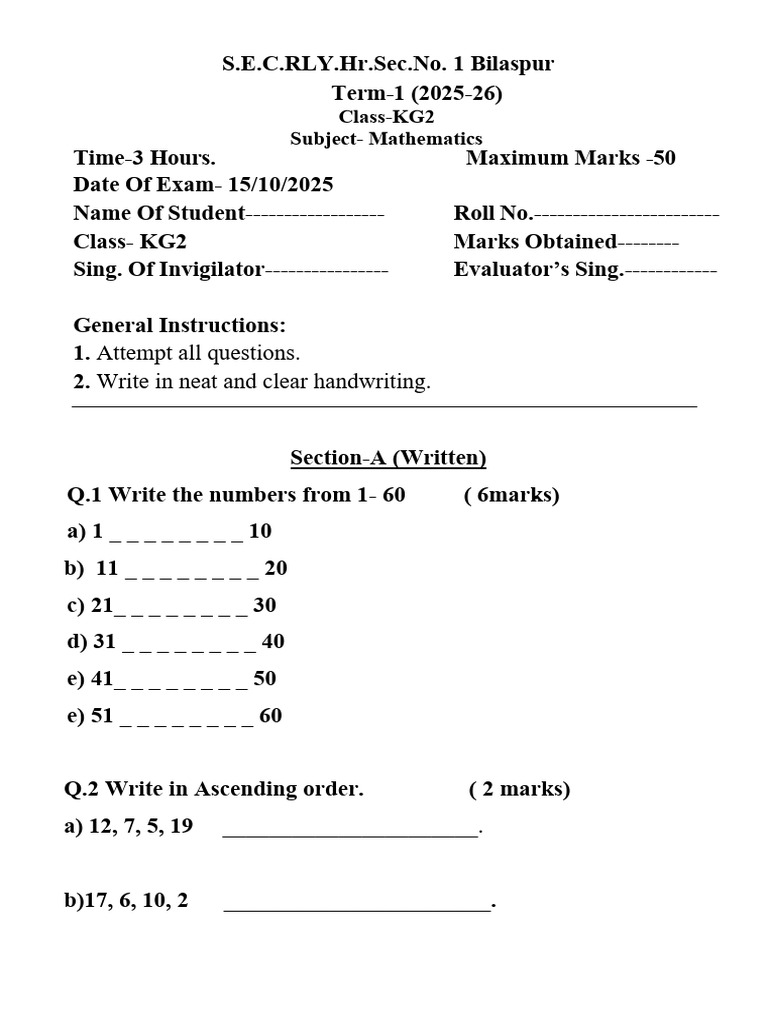 Kg 2 Maths Que Paper Copy-1 | PDF