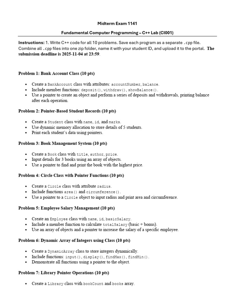 Midterm Exam 1141 - Fundamental Computer Programming - C++ Lab (CI001 ...