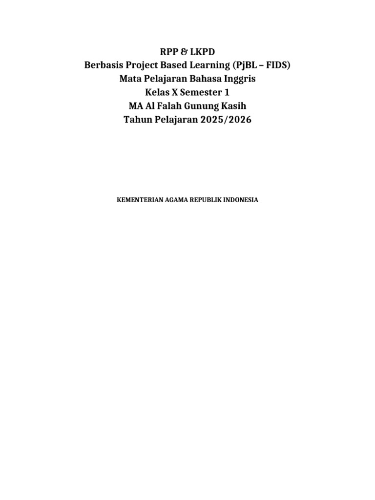 RPP LKPD PJBL BahasaInggris Introduction MA AlFalah | PDF