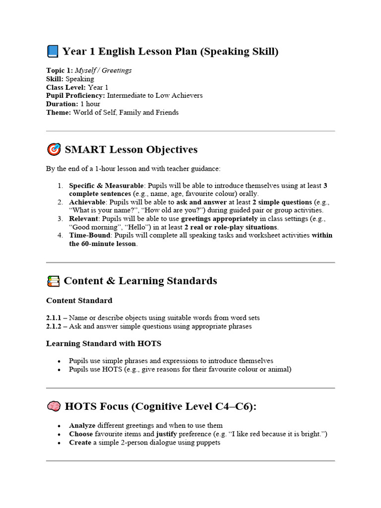 ? Year 1 English Lesson Plan | PDF | Lesson Plan | Learning