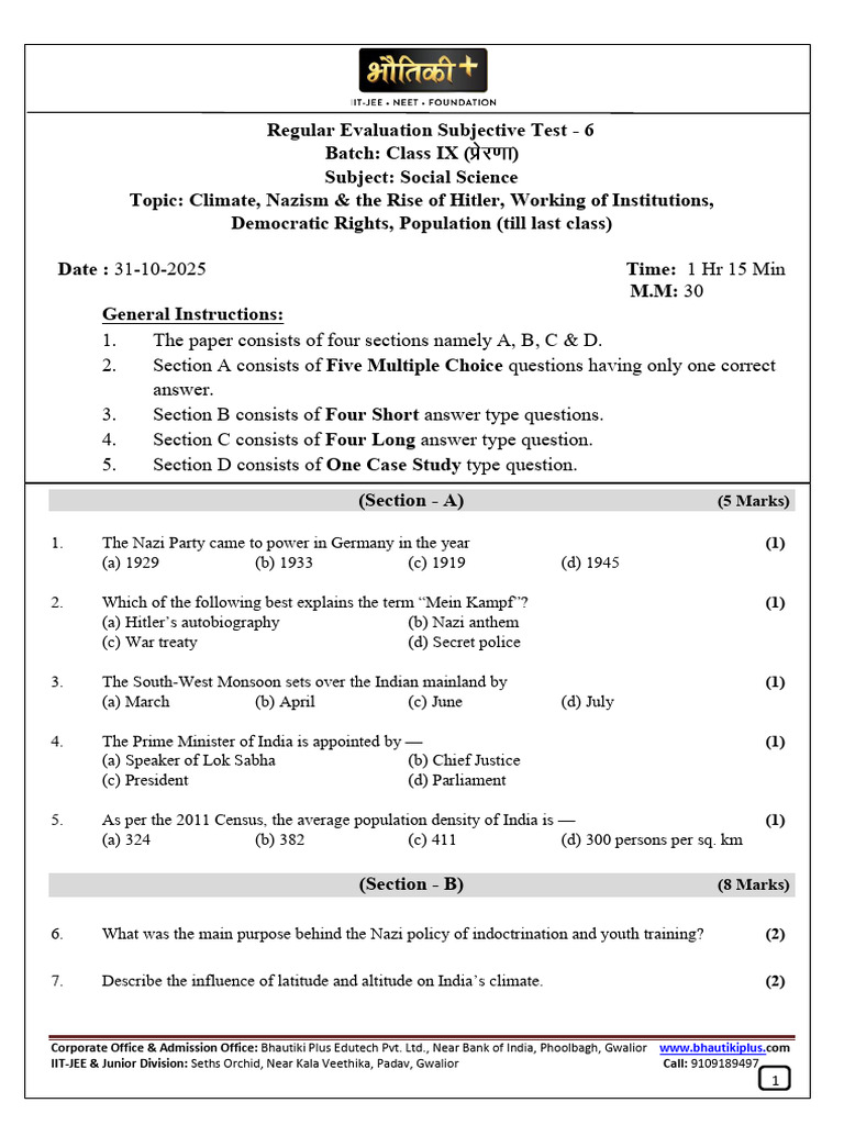 Class 9 Social Science REST-6!31!10-2025 | PDF | Government