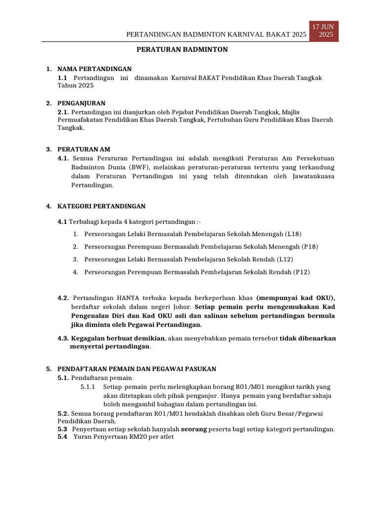 Peraturan BADMINTON BAKAT 2025 (DAERAH) | PDF