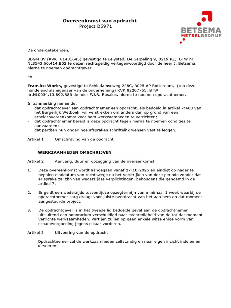 Overeenkomst Van Opdracht (ZZP) BBGM BV - Rico Rosales | PDF